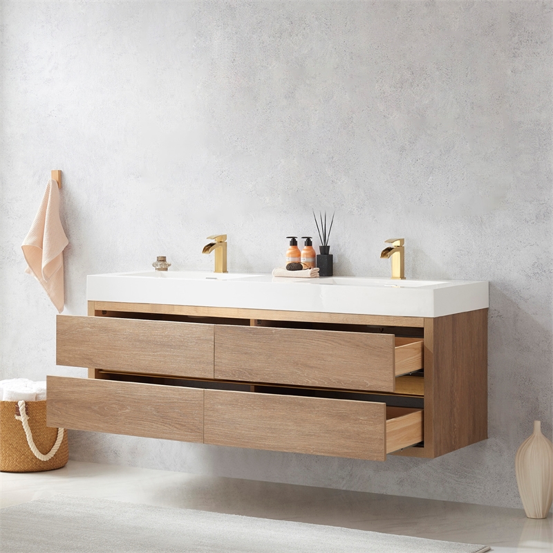 Pemberly Row 60" Double Sink Wall-Mount Floating Wood Bathroom Vanity ...