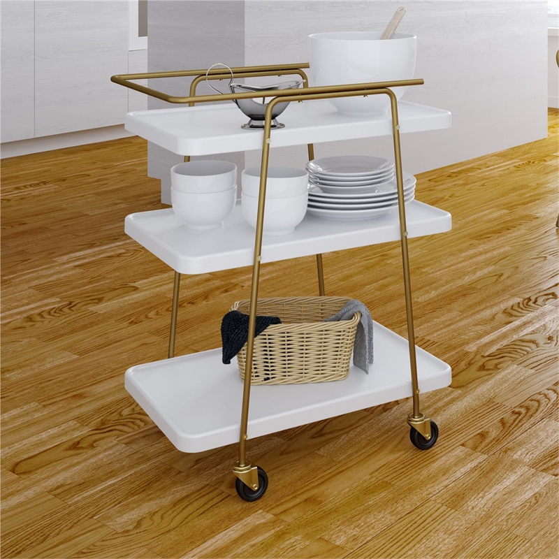COSCO Stylaire 3 Tier Serving Cart in White & Gold - 14221WHT1E