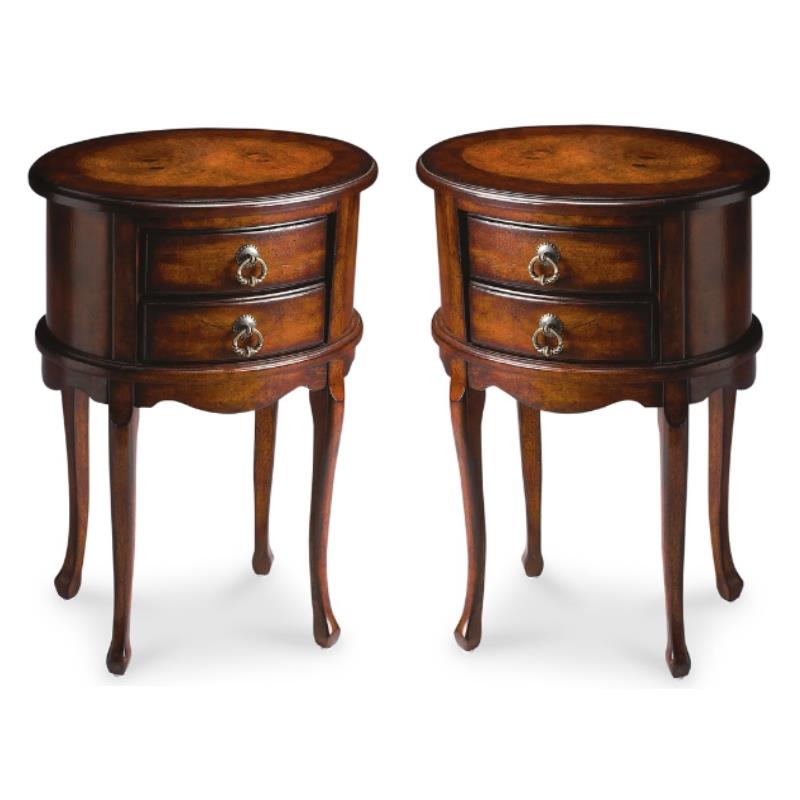 Home Square Two Drawers Oval Side Table in Cherry Finish - Set of 2 ...
