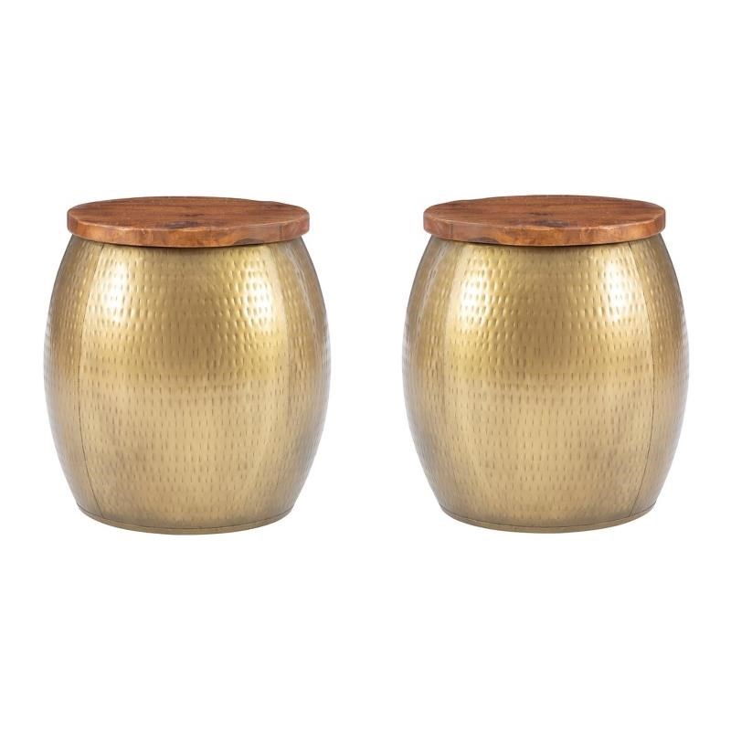 Home Square Metal and Wood Drum Side Table with Storage in Gold Set of 2 Homesquare
