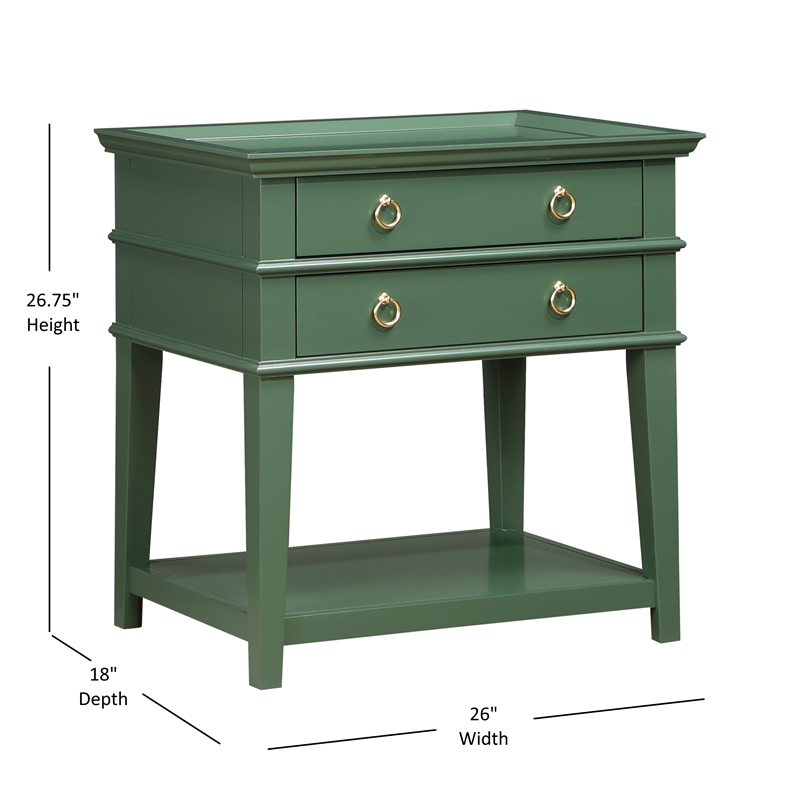 Comfort Pointe Clara Vintage Green Wood 2 Drawer Tray Top Nightstand BushFurnitureCollection