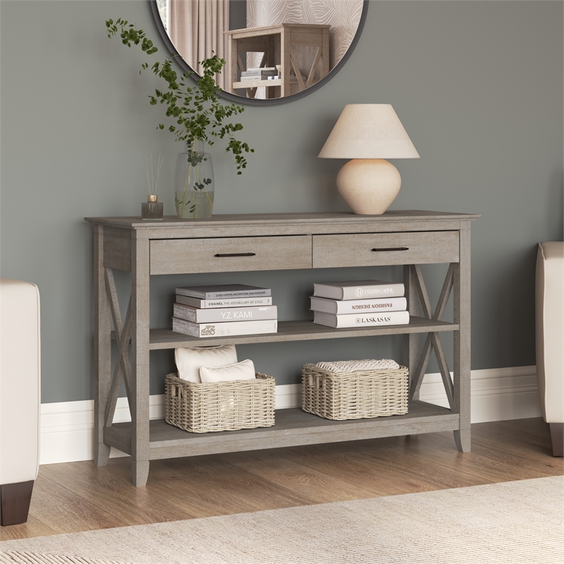 Bush Furniture Key West Console Table with Drawers & Shelves in Washed Gray