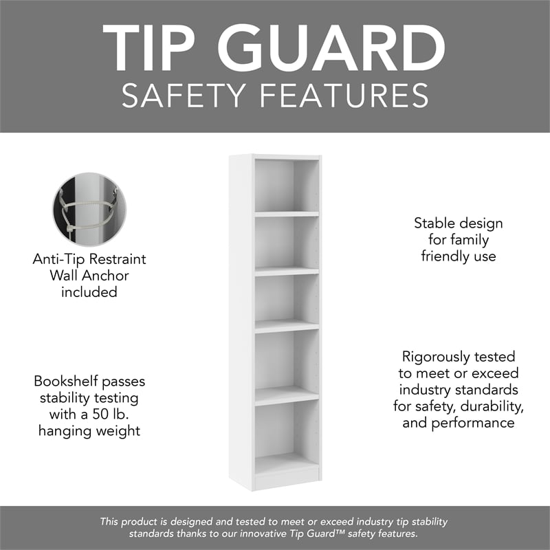 Universal 17W Narrow 5 Shelf Bookcase Set in White - Engineered Wood ...