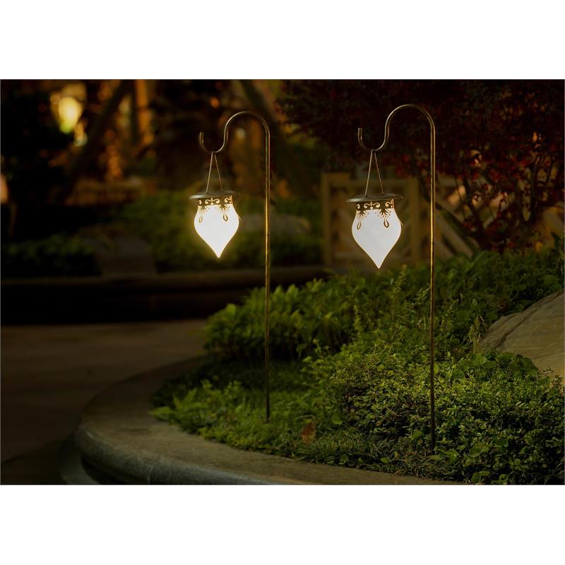 Set of 2 Aged Brown Plastic Teardrop Solar Lanterns with Metal Shepherd ...