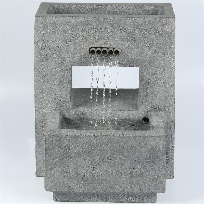 LuxenHome Gray Cement Rectangular Column Outdoor Fountain with Light ...