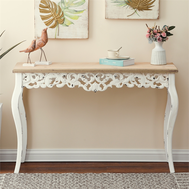 LuxenHome Victorian Off White and Natural Wood Console and Entry Table ...