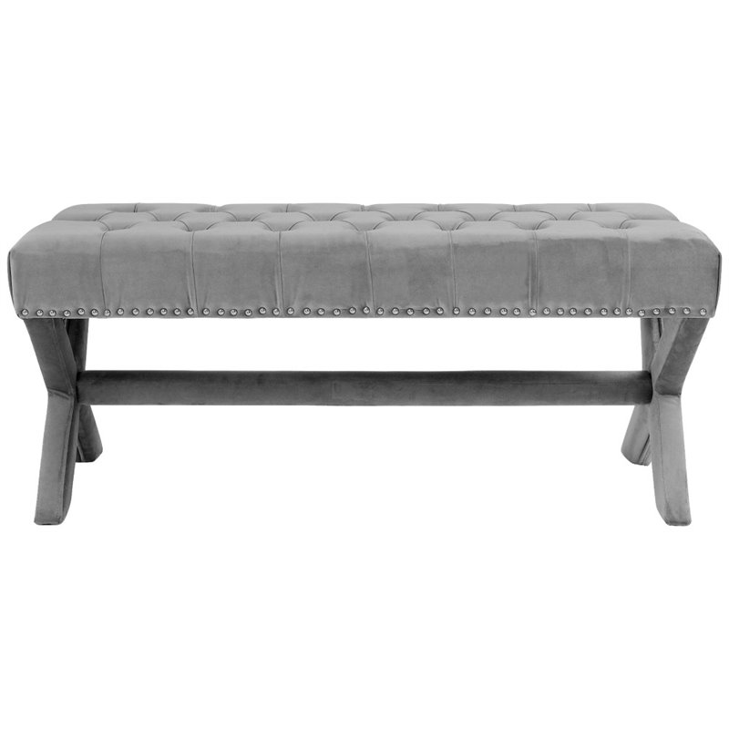 Posh Living Kennedy Tufted Velvet Bench With Nailhead Trim In Gray