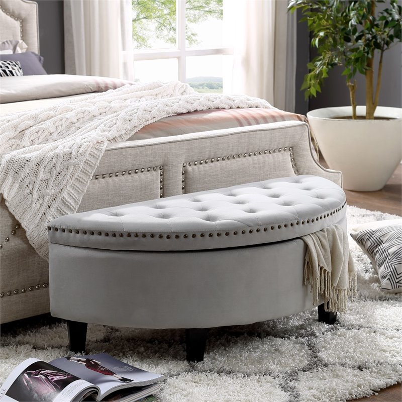 Posh Living Nathan Velvet Upholstered Half Moon Storage Ottoman In