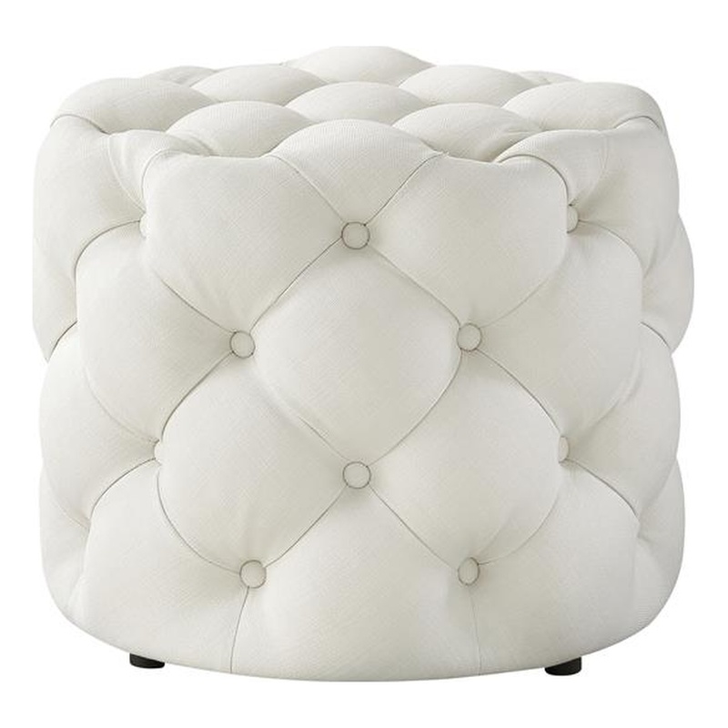 Posh Living Michalina Modern Linen Fabric 1Pc Round Ottoman in Cream/White