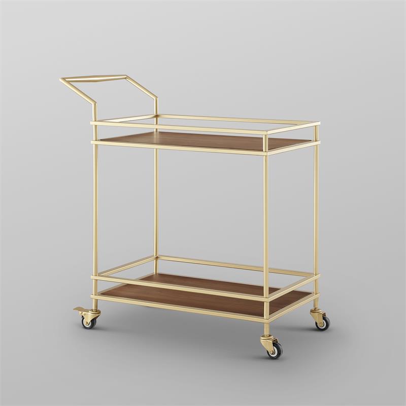 Posh Living Karin Tempered Glass Shelf Bar Serving Cart in Gold/Walnut ...