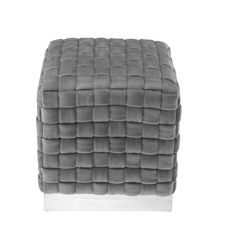 Posh Living Michirin Velvet Cube Ottoman with Metal Base in Gray/Chrome ...