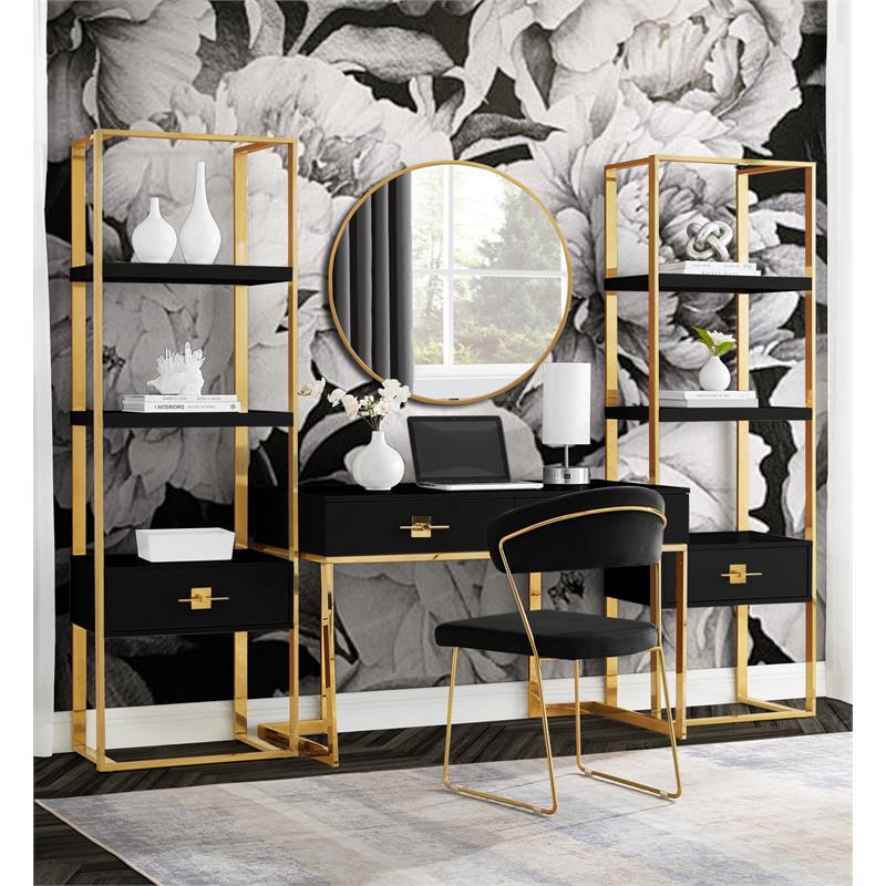 Posh Living Mano Stainless Steel 3-Shelf & 1-Drawer Bookcase Black/Gold