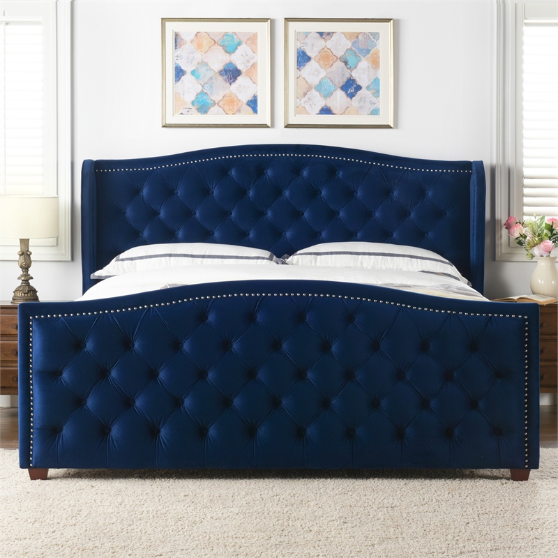 Marcella Tufted Wingback King Bed Navy Blue | Homesquare
