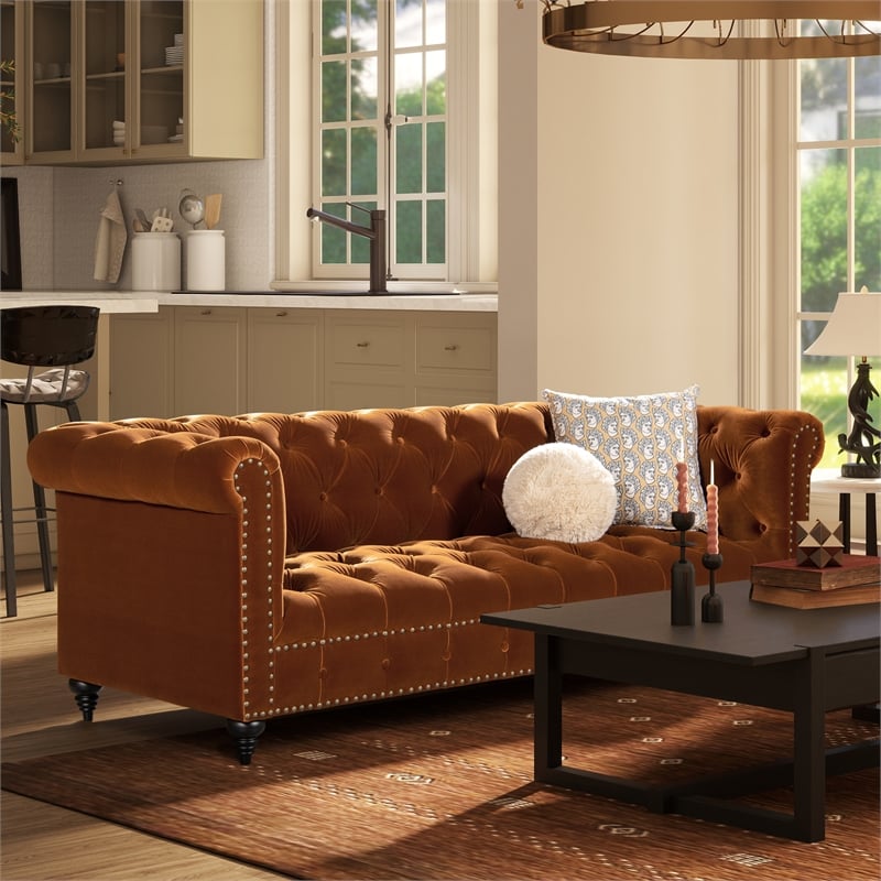 Alto 88" Tufted Chesterfield Sofa with Burnt Orange Performance Velvet ...