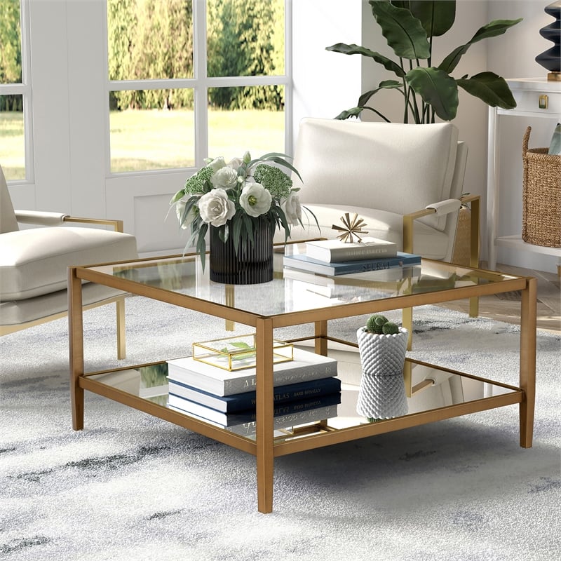 Henn Hart Square Coffee Table in Antique Brass and Gold with Mirrored Shelf Homesquare