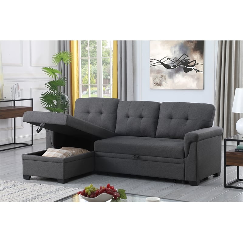 Lucca 84" Gray Linen Fabric Reversible Sleeper Sofa Storage Chaise ...