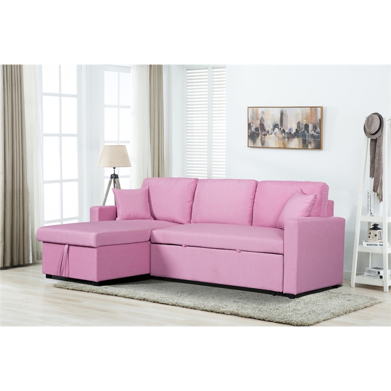 Paisley Pink Linen Fabric Reversible Sleeper Sectional Sofa with ...