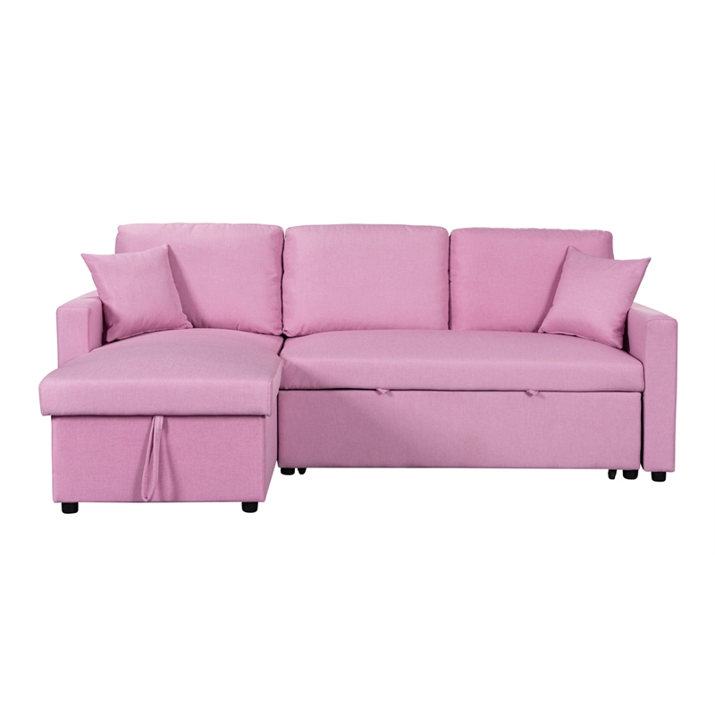 Paisley Pink Linen Fabric Reversible Sleeper Sectional Sofa with ...