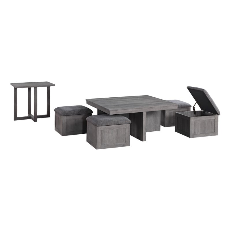Moseberg Distressed Gray Wood Coffee Table with Storage Stools and End ...