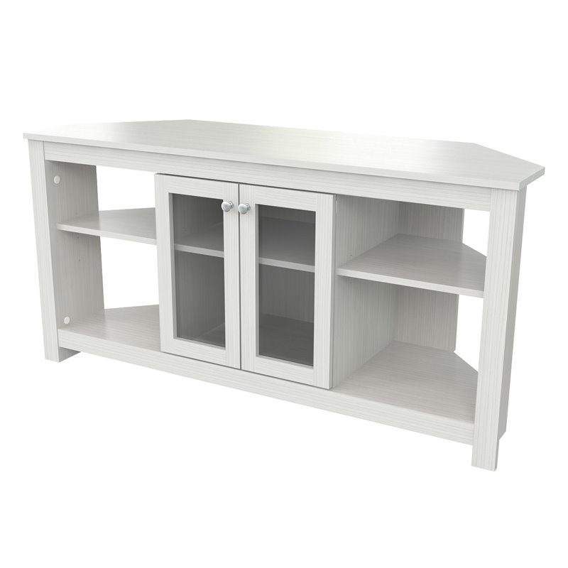 Inval Corner TV Stand with Glass Doors in Washed Oak Engineered Wood Cymax Business