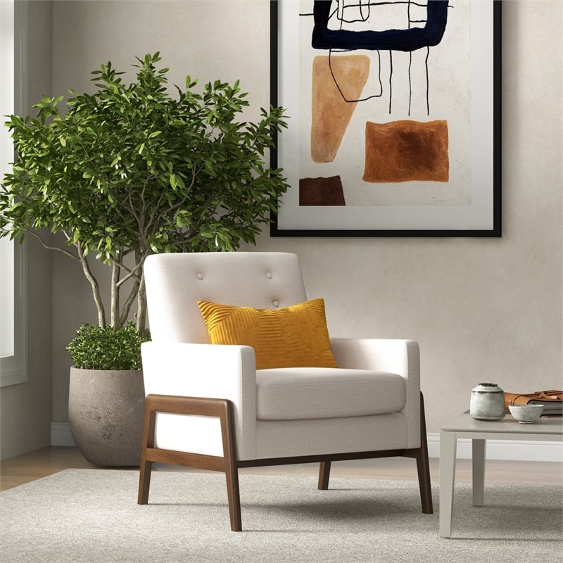Steven Mid Century Modern Tufted Cream Fabric Linen Accent Armchair