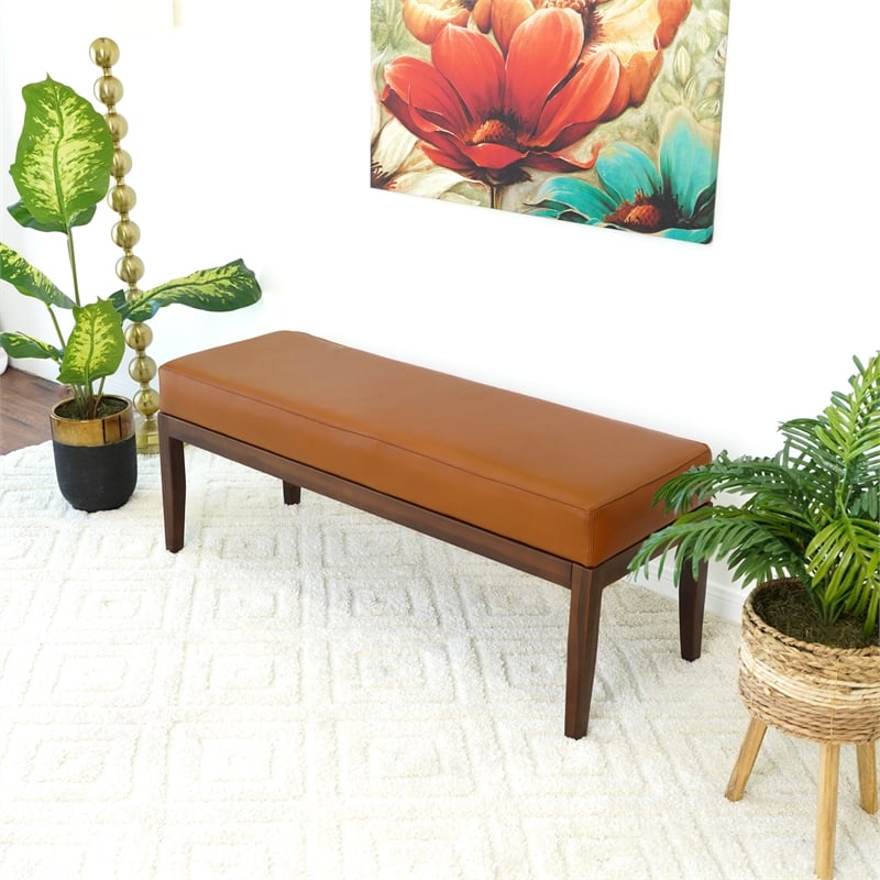 Sumatra Mid-Century Modern Rectangular Genuine Leather Bench in Tan ...