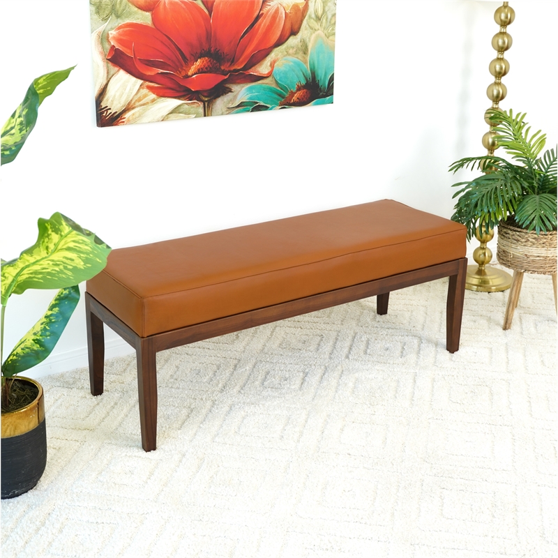 Sumatra Mid-Century Modern Rectangular Genuine Leather Bench in Tan ...