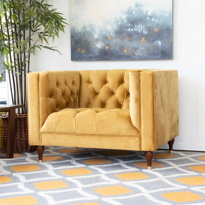 Mid Century Modern Clodine Yellow Velvet Accent Chair - ASH6589