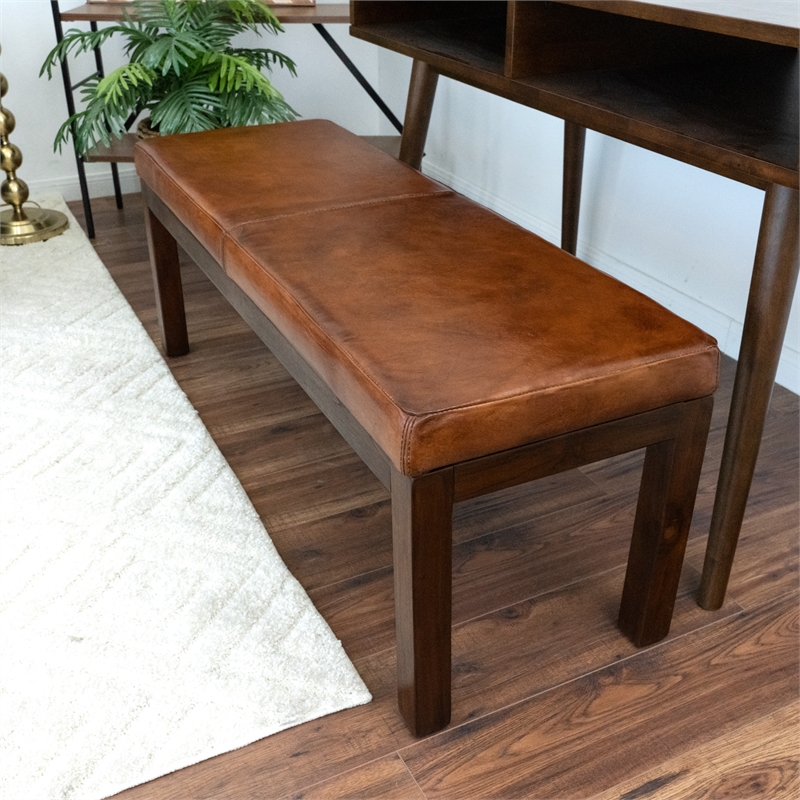 Komodo Mid-Century Modern Rectangular Genuine Leather Bench in Tan ...
