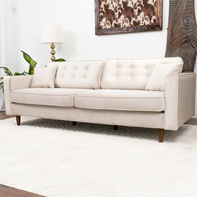 Ophelia Mid Century Modern Furniture Style Beige Velvet Living Room Couch