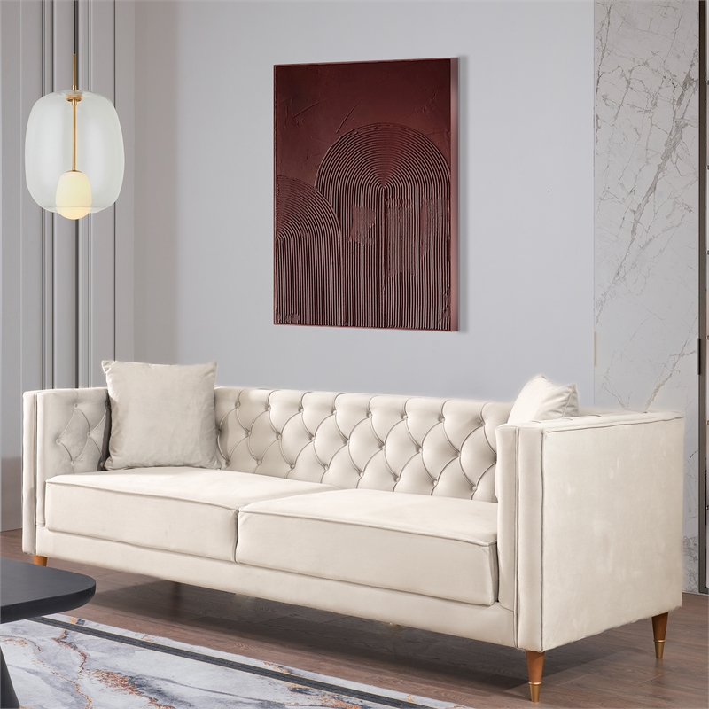 Lana Mid Century Modern Tufted Cream Velvet Living Room Couch ...