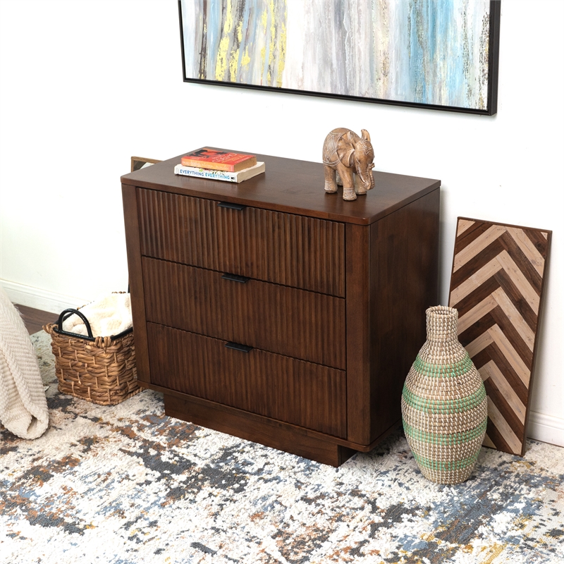 Carla Mid Century Modern Solid Wood Walnut Nightstand with 3 Drawers