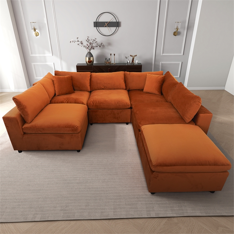 Fremont Mid Century Modern Modular Orange Velvet Comfy Sectional Couch