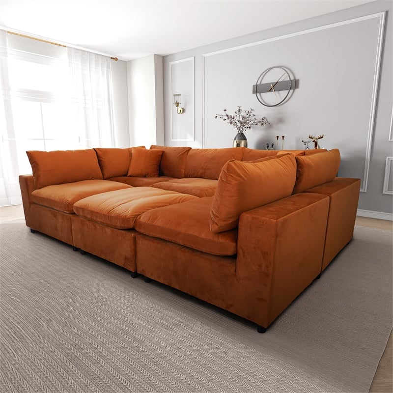 Fremont Mid Century Modern Modular Orange Velvet Comfy Sectional Couch