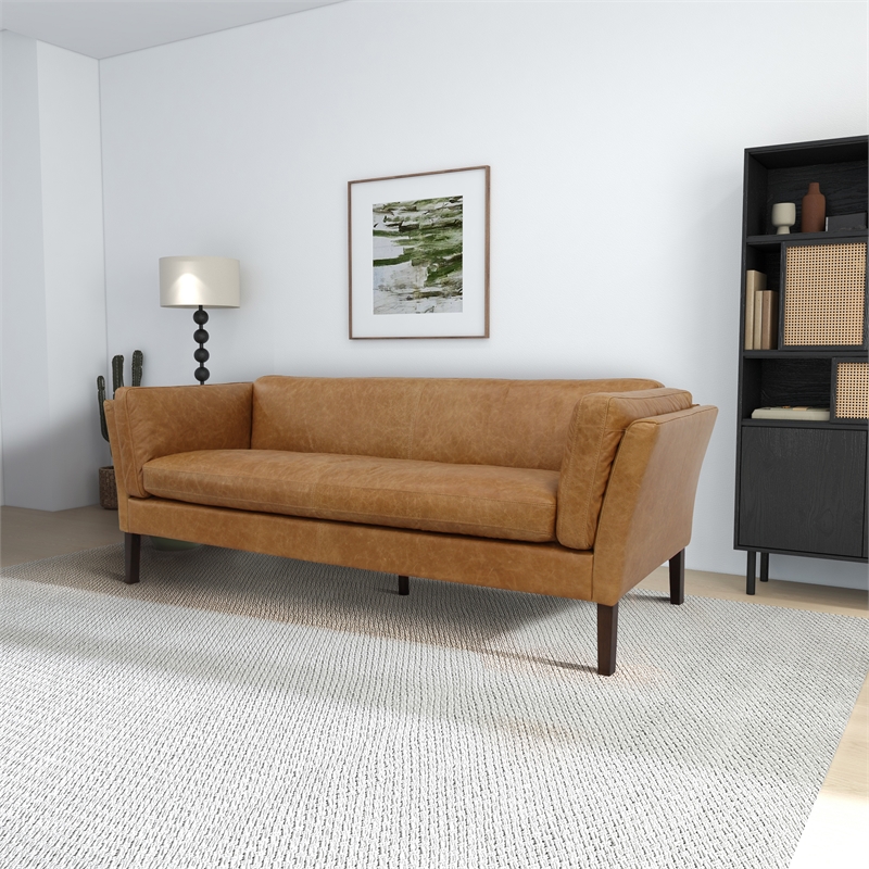 Rylah 78" Upholstered Mid-Century Modern Leather Sofa Couch in Tan ...