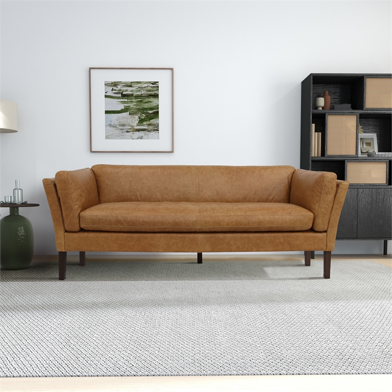 Rylah 78" Upholstered Mid-Century Modern Leather Sofa Couch in Tan ...