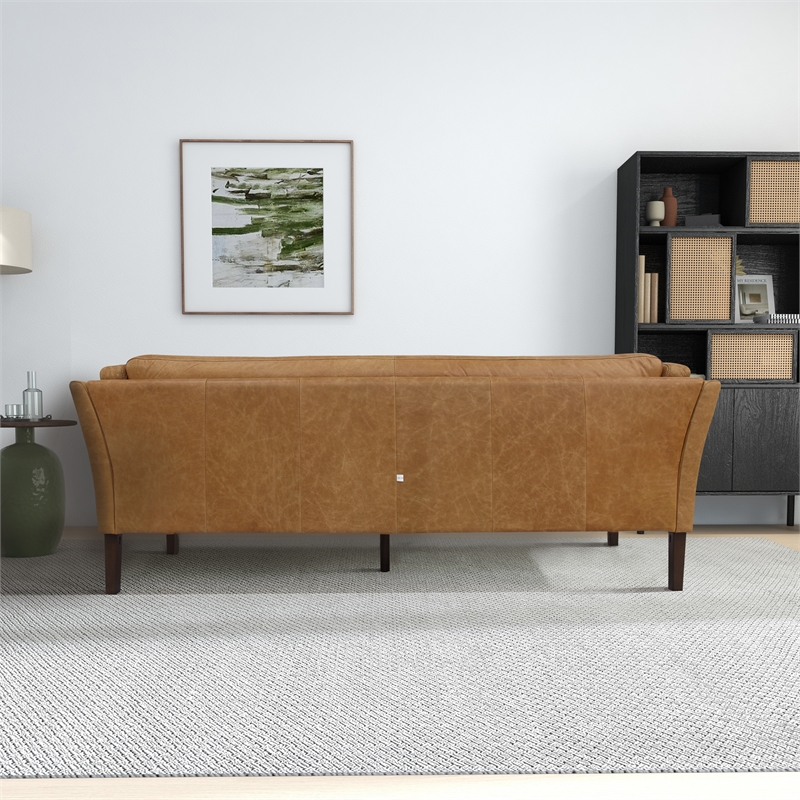 Rylah 78" Upholstered Mid-Century Modern Leather Sofa Couch in Tan ...