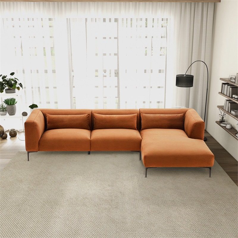 Saviola Burnt Orange Velvet Japandi Style Living Room Corner Sectional ...