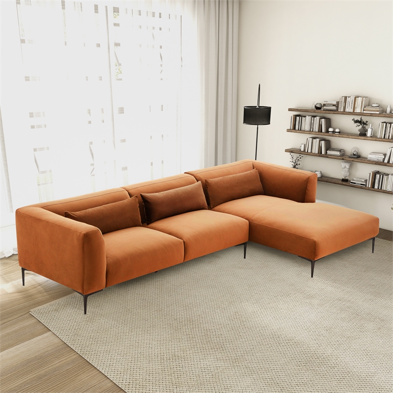 Saviola Burnt Orange Velvet Japandi Style Living Room Corner Sectional ...