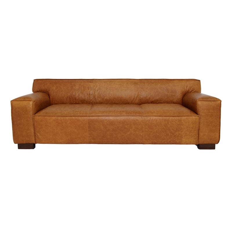 Welford Mid-Century Modern Genuine Cognac Tan Leather Tight Back Sofa ...