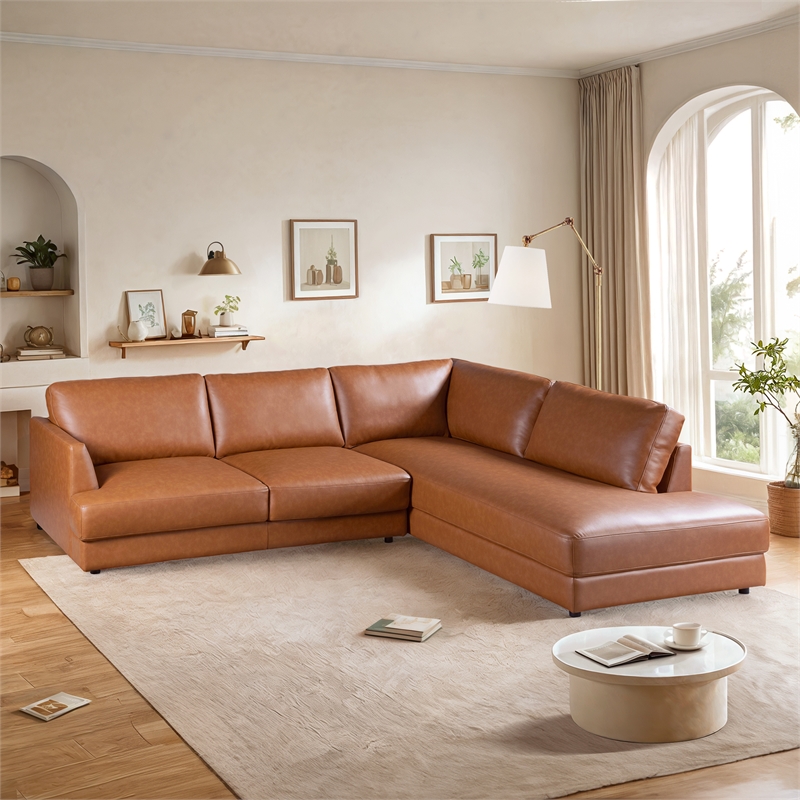 Griffith Cozy Living Room Right Facing Leather Sectional Sofa in Cognac ...