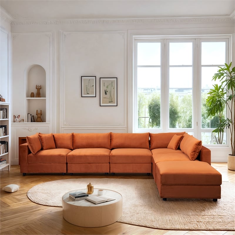 Reena Mid Century Modern Modular Burnt Orange Velvet Comfy Sectional Couch