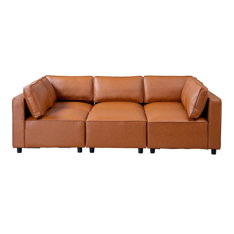 Randy Mid Century Modern Modular Cognac Tan Leather Comfy Sectional Sofa
