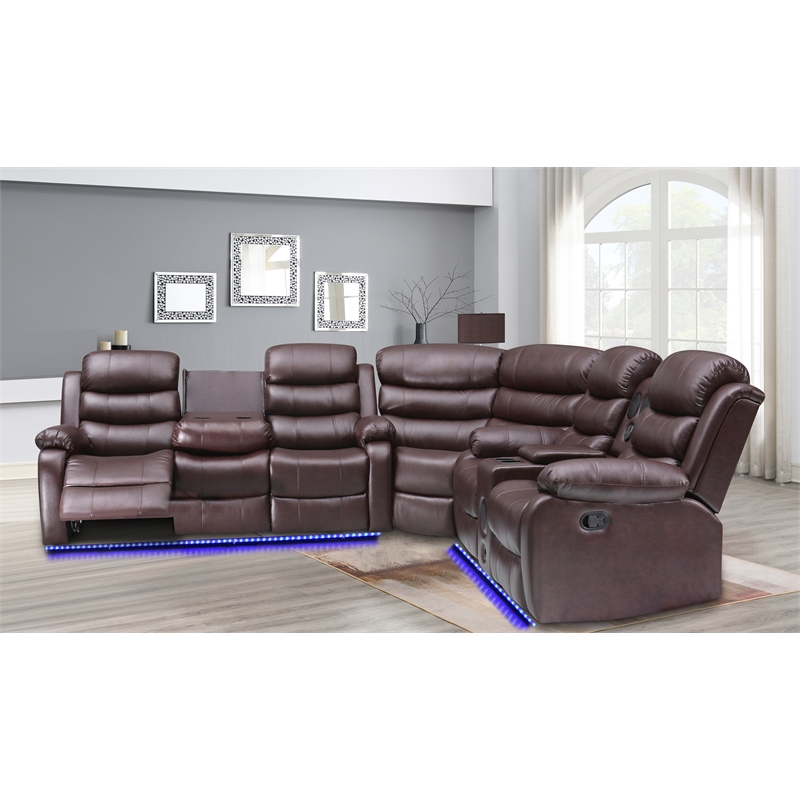 Donivi LED Faux Leather Reclining Sectional in Brown | Homesquare