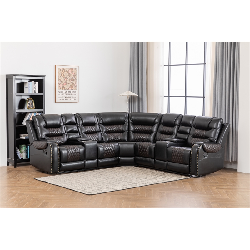 Ilia Two Tone Faux Leather Reclining Sectional with Console & Cup ...