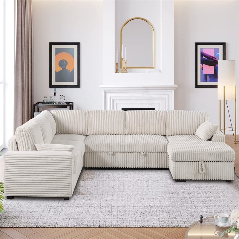 Oversized Upholstered Corduroy Sleeper Sectional Sofa With Storage Chaise