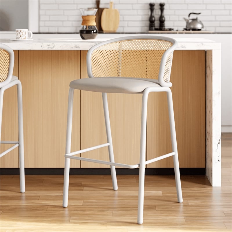 LeisureMod Ervilla Wicker Bar Stool with White Powder Coated Metal Frame Beige