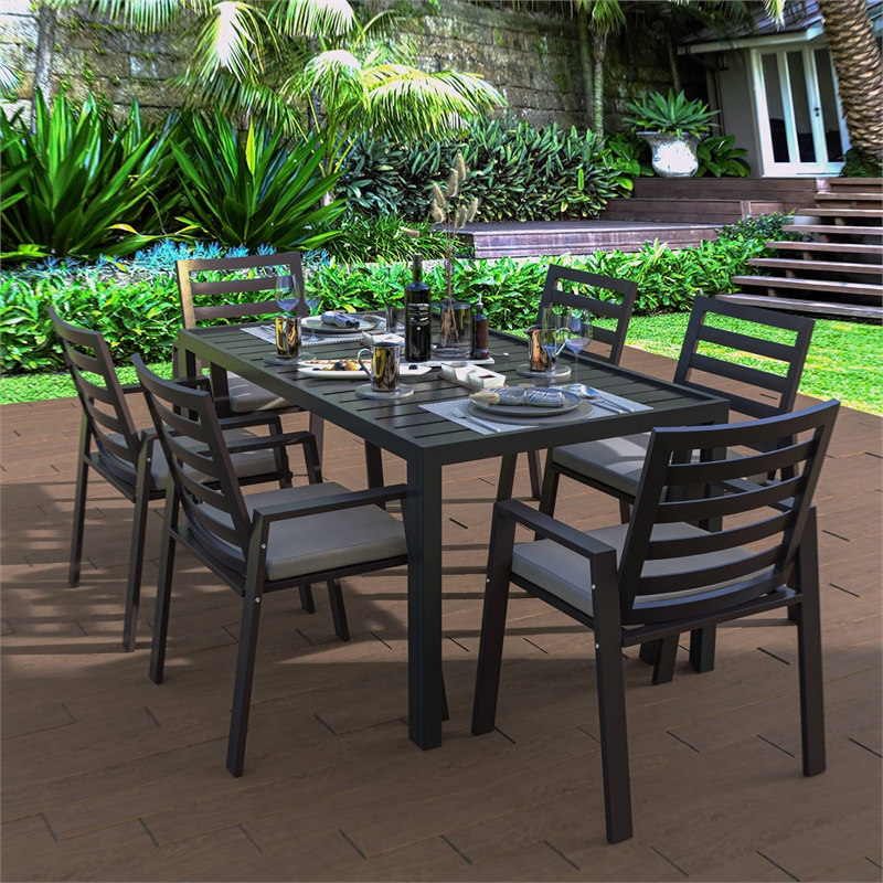 LeisureMod Chelsea Patio Dining Chair in Black Aluminum Set of 2 Black