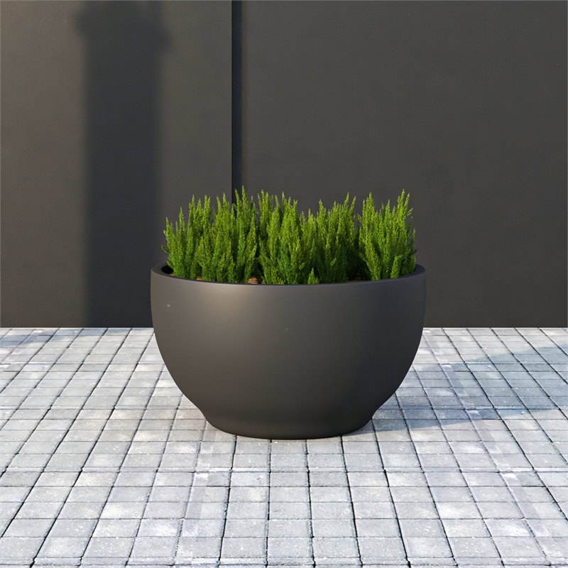 LeisureMod Grove Fiberstone and MGO Clay Round Planter Black 6 Inch