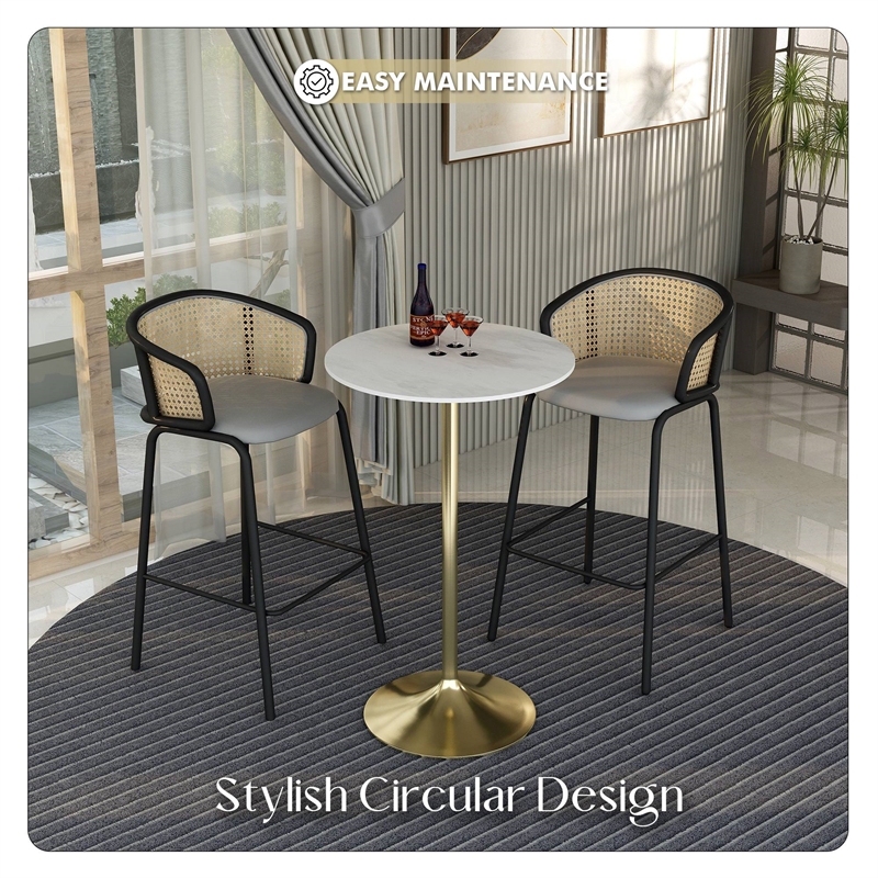 27" Bar Dining Table with Sintered Stone Round Top in Gold Steel in White | Cymax Business